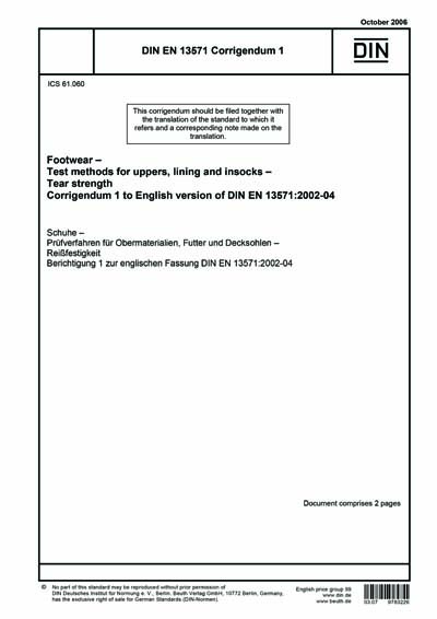 DIN EN 13571 Berichtigung 1:2006 - Footwear - Test methods for uppers ...
