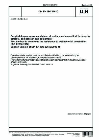 DIN EN ISO 22610:2006 - Surgical drapes, gowns and clean air suits ...