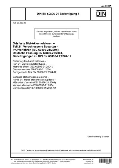 DIN EN 60896-21 Berichtigung 1:2007 DE - Ortsfeste Blei-Akkumulatoren ...