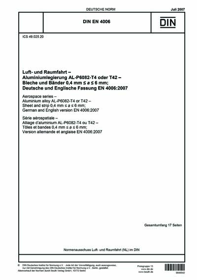 DIN EN 4006:2007 - Aerospace series - Aluminium alloy AL-P6082-T4 or ...
