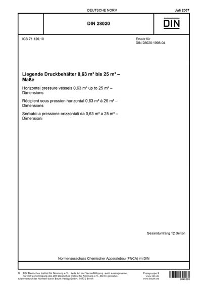DIN 28020:2007 DE - Liegende Druckbehälter 0,63 m bis 25 m - Maße ...