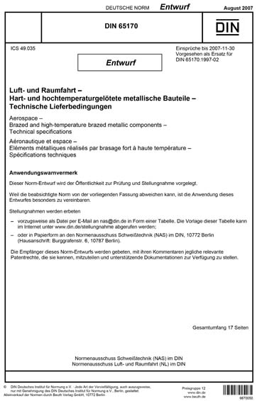 DIN 65170:2007 - Aerospace - Brazed and high-temperature brazed ...