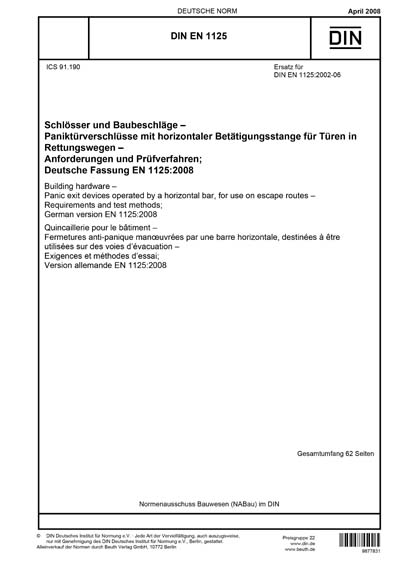 DIN EN 1125:2008 DE - Schlösser und Baubeschläge - Paniktürverschlüsse ...