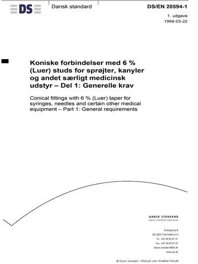 DS/EN 20594-1:1994 - Conical fittings with 6 % (Luer) taper for ...