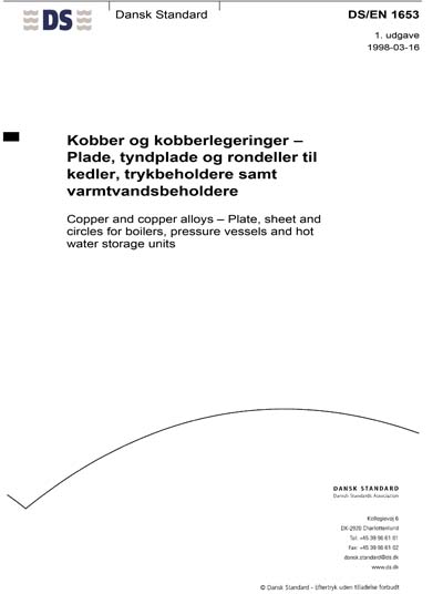 DS/EN 1653:1998 - Copper and copper alloys - Plate, sheet and circles ...