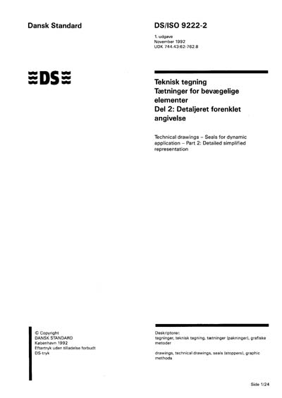 DS/ISO 9222-2:1992 - Technical drawings - Seals for dynamic application ...
