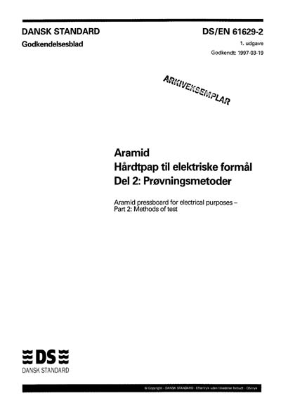 DS/EN 61629-2:1997 - Aramid pressboard for electrical purposes - Part 2 ...