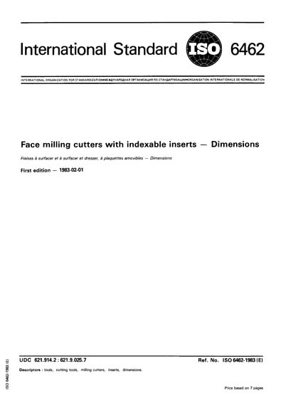 ISO 6462:1983 - Face milling cutters with indexable inserts - Dimensions