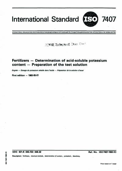 ISO 7407:1983 - Fertilizers - Determination of acid-soluble potassium ...