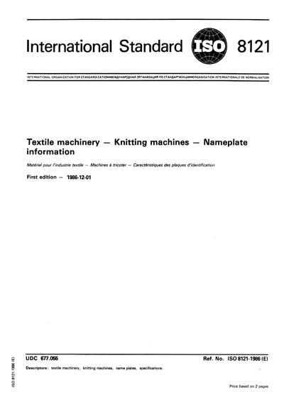 ISO 8121:1986 - Textile machinery -- Knitting machines -- Nameplate ...