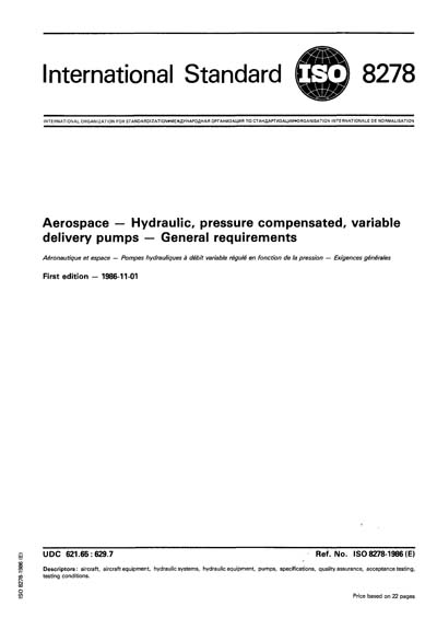 ISO 8278:1986 - Aerospace - Hydraulic, pressure compensated, variable ...