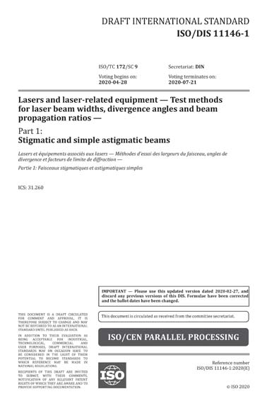 ISO/DIS 11146-1:2020 - Lasers and laser-related equipment - Test ...