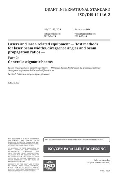 ISO/DIS 11146-2:2020 - Lasers and laser-related equipment - Test ...