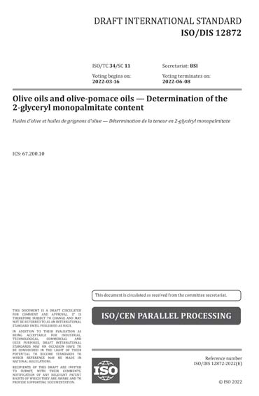 ISO/DIS 12872:2022 - Olive oils and olive-pomace oils - Determination ...