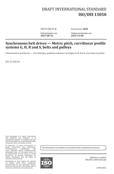 ISO/DIS 13050:2021 - Synchronous belt drives - Metric pitch ...