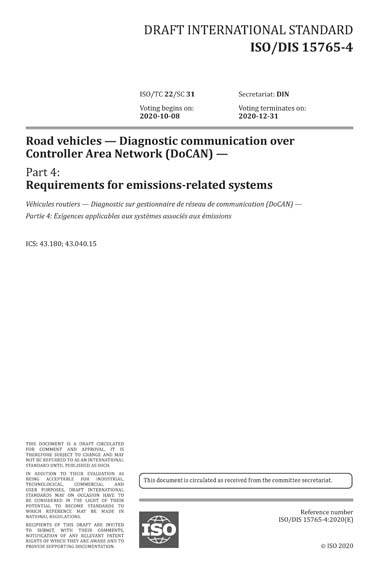 ISO/DIS 15765-4:2020 - Road vehicles - Diagnostic communication over ...