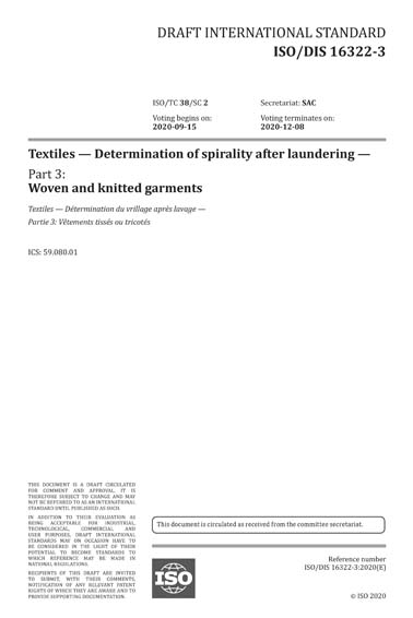 ISO/DIS 16322-3:2020 - Textiles - Determination of spirality after ...