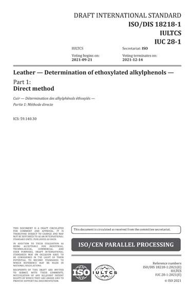 ISO/DIS 18218-1:2021 - Leather - Determination of ethoxylated ...