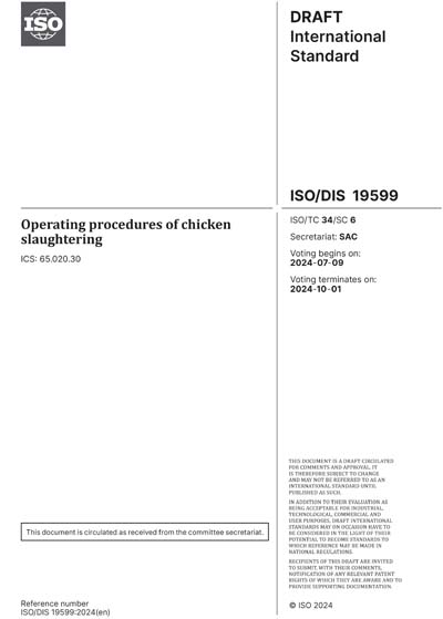 ISO/DIS 19599:2024 - Operating procedures of chicken slaughtering