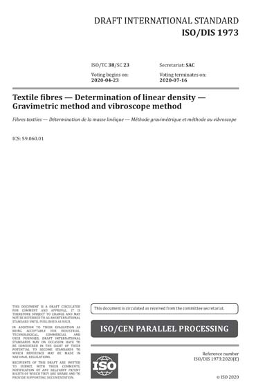 ISO/DIS 1973:2020 - Textile fibres - Determination of linear density ...