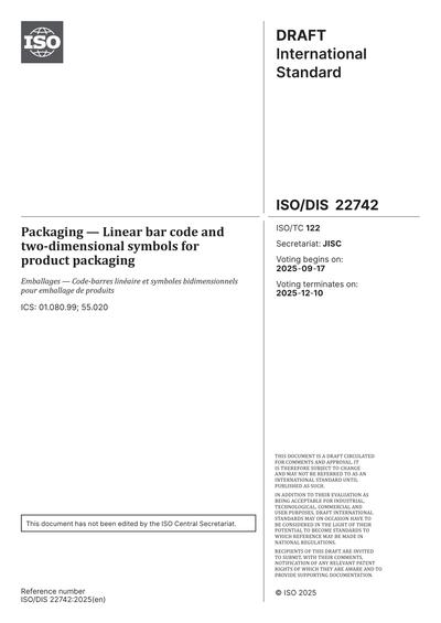 ISO/DIS 22742:2025 - Packaging - Linear bar code and two-dimensional ...