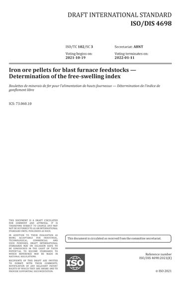 ISO/DIS 4698:2021 - Iron ore pellets for blast furnace feedstocks ...