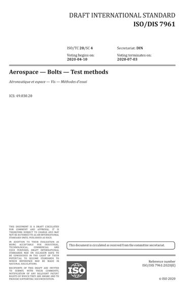 ISO/DIS 7961:2020 - Aerospace - Bolts - Test methods