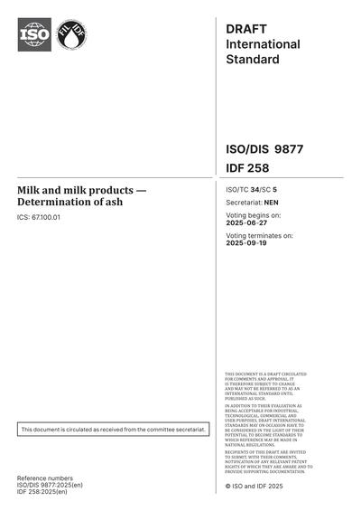 ISO/DIS 9877:2025 - Milk and milk products - Determination of ash