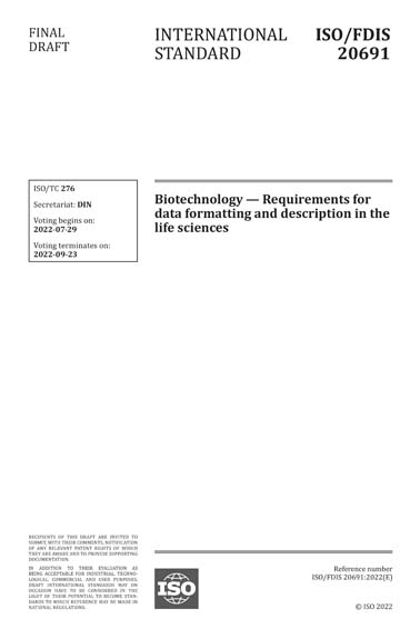 ISO/FDIS 20691:2022 - Biotechnology - Requirements for data formatting ...