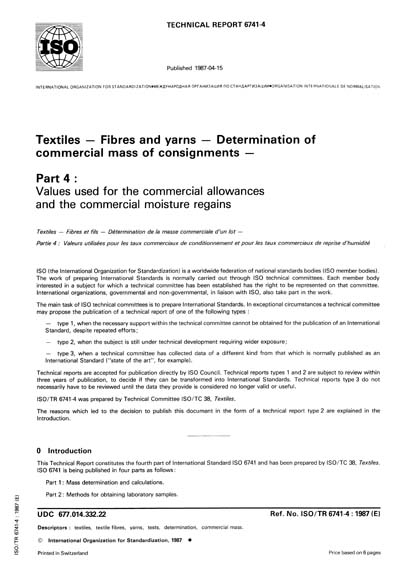 ISO/TR 6741-4:1987 - Textiles -- Fibres and yarns -- Determination of ...