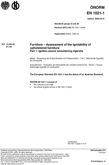 ONORM EN 1021-1:2006 - Furniture - Assessment of the ignitability of ...