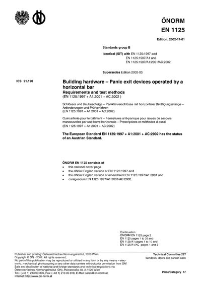 ONORM EN 1125:2002 - Building hardware - Panic exit devices operated by ...