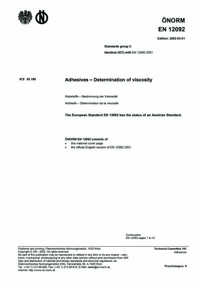 ONORM EN 12092:2002 - Adhesives - Determination of viscosity (Austrian ...