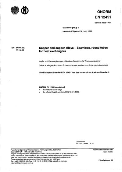 ONORM EN 12451:1999 - Copper and copper alloys - Seamless, round tubes ...