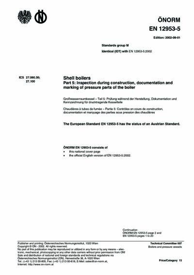 ONORM EN 12953-5:2002 - Shell boilers - Part 5: Inspection during ...