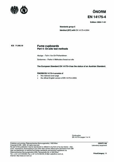 ONORM EN 14175-4:2004 - Fume cupboards - Part 4: On-site test methods ...