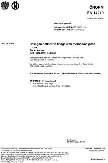 ONORM EN 14219:2003 - Hexagon bolts with flange with metric fine pitch ...