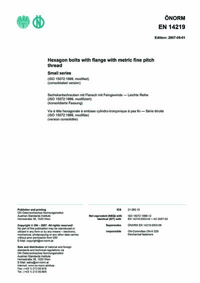 ONORM EN 14219:2007 - Hexagon bolts with flange with metric fine pitch ...