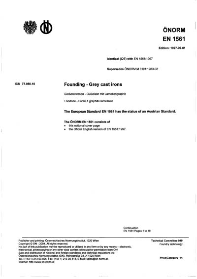 ONORM EN 1561:1997 - Founding - Grey cast irons (FOREIGN STANDARD)