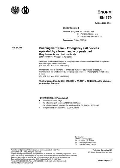 ONORM EN 179:2002 - Building hardware - Emergency exit devices operated ...