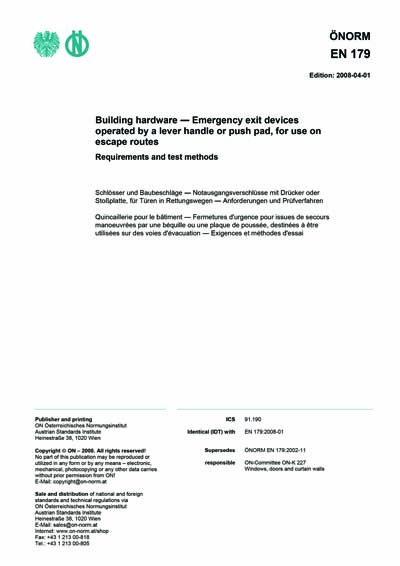 ONORM EN 179:2008 - Building hardware - Emergency exit devices operated ...