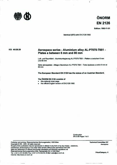 ONORM EN 2126:1992 - Aerospace series - Aluminium alloy AL-P7075-T651 ...