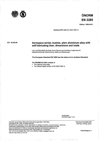 ONORM EN 2285:1990 - Aerospace series; bushes, plain aluminium alloy ...