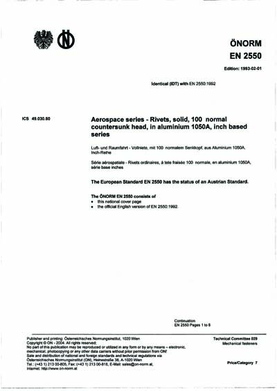 ONORM EN 2550:1993 - Aerospace series - Rivets, solid, 100° normal ...