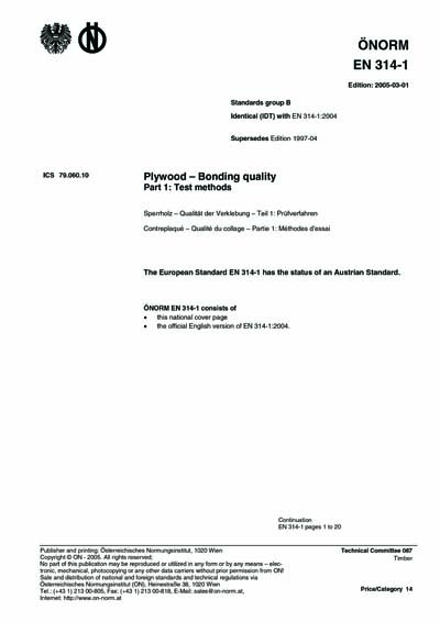 ONORM EN 314-1:2005 - Plywood - Bonding quality - Part 1: Test methods ...