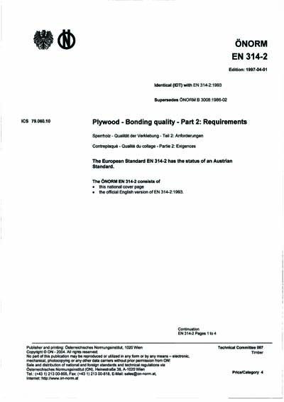 ONORM EN 314-2:1997 - Plywood - Bonding quality - Part 2: Requirements ...