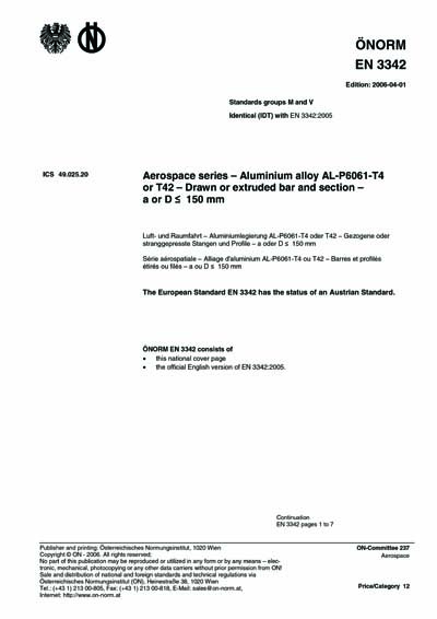 ONORM EN 3342:2006 - Aerospace series - Aluminium alloy AL-P6061-T4 or ...