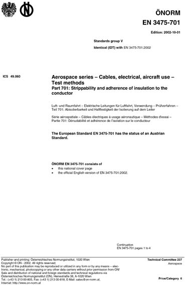 ONORM EN 3475-701:2002 - Aerospace series - Cables, electrical ...