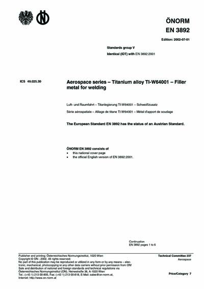 ONORM EN 3892:2002 - Aerospace series - Titanium alloy TI-W64001 ...