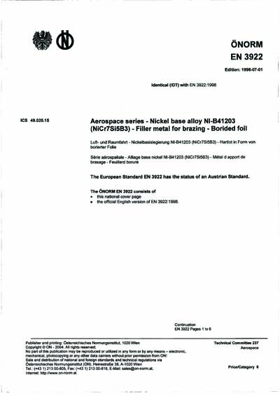ONORM EN 3922:1998 - Aerospace series - Nickel base alloy NI-B41203 ...